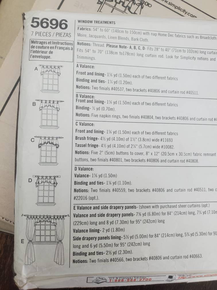 UNCUT: Simplicity 5696 / 0622 Pattern, Drapery & Valance Sewing Pattern ...
