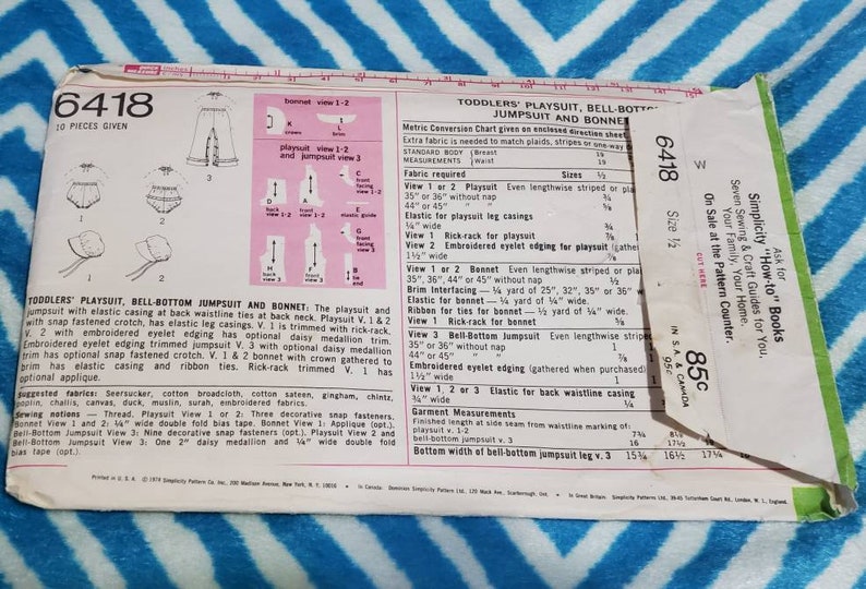 PARTIALLY CUT: Simplicity 6418 Pattern, Toddler/infants' Playsuit, Bell ...