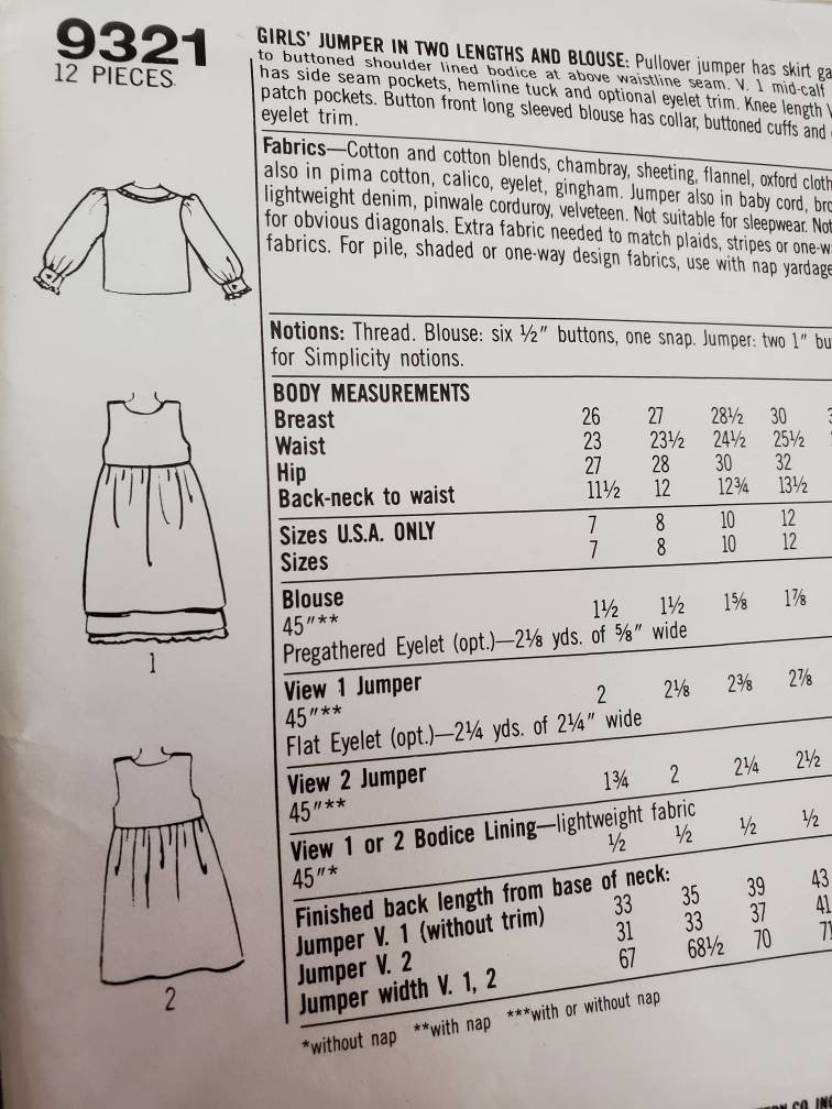 UNCUT: Simplicity 9321 Pattern, Girl's Jumper Dress Pattern and Blouse ...
