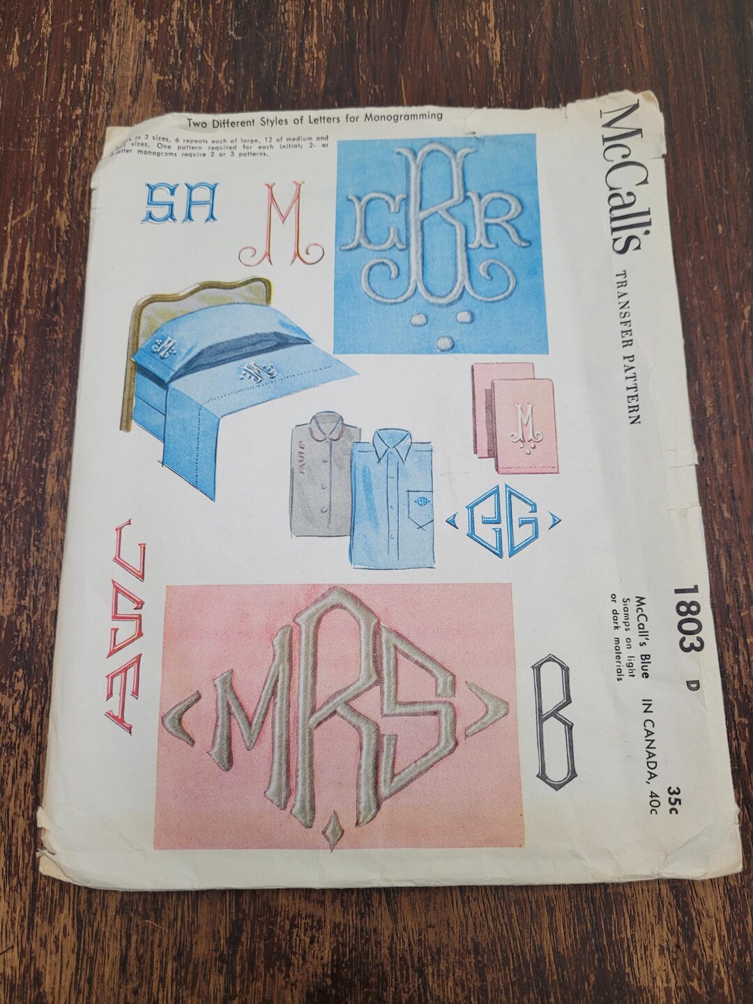 VINTAGE, Uncut 1953 Mccall's 1803 Transfer Pattern for Monograming, Two ...