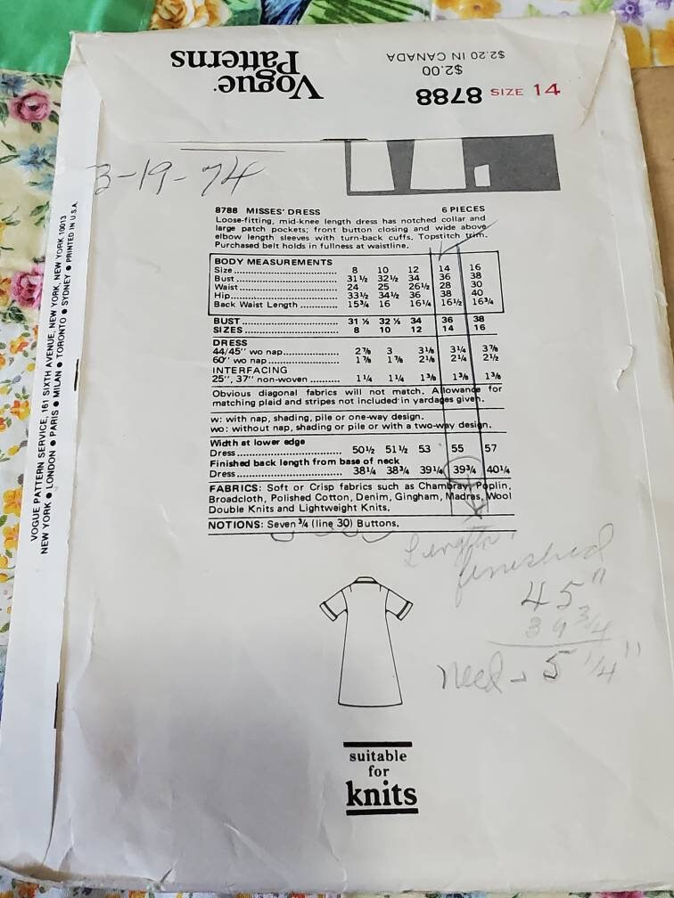 UNCUT: Vintage Vogue 8788 Pattern, Very Easy Vogue Patterns, Size 14 ...
