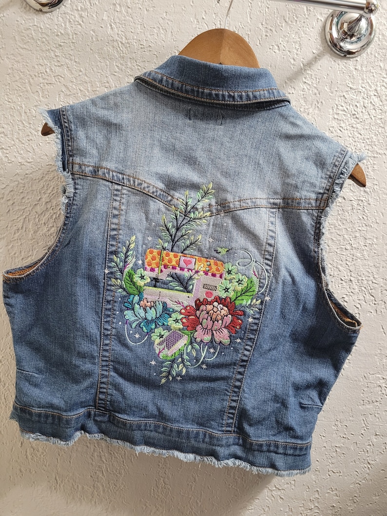 Embroidered Denim Sleeveless Vest With Embroidered Sewing Machine in ...