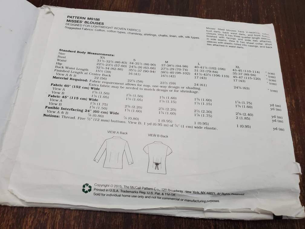 CUT: Easy Stitch 'n Save 9188 Pattern by Mccall's M9188, Misses' Blouse ...