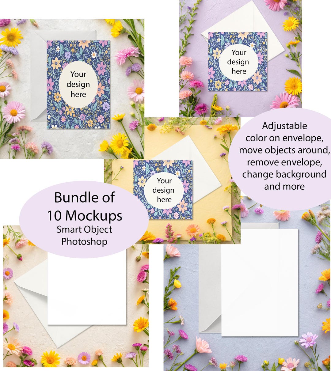 Smart Object Mockup Bundle, Greeting Card Mockups, Beautiful Floral ...