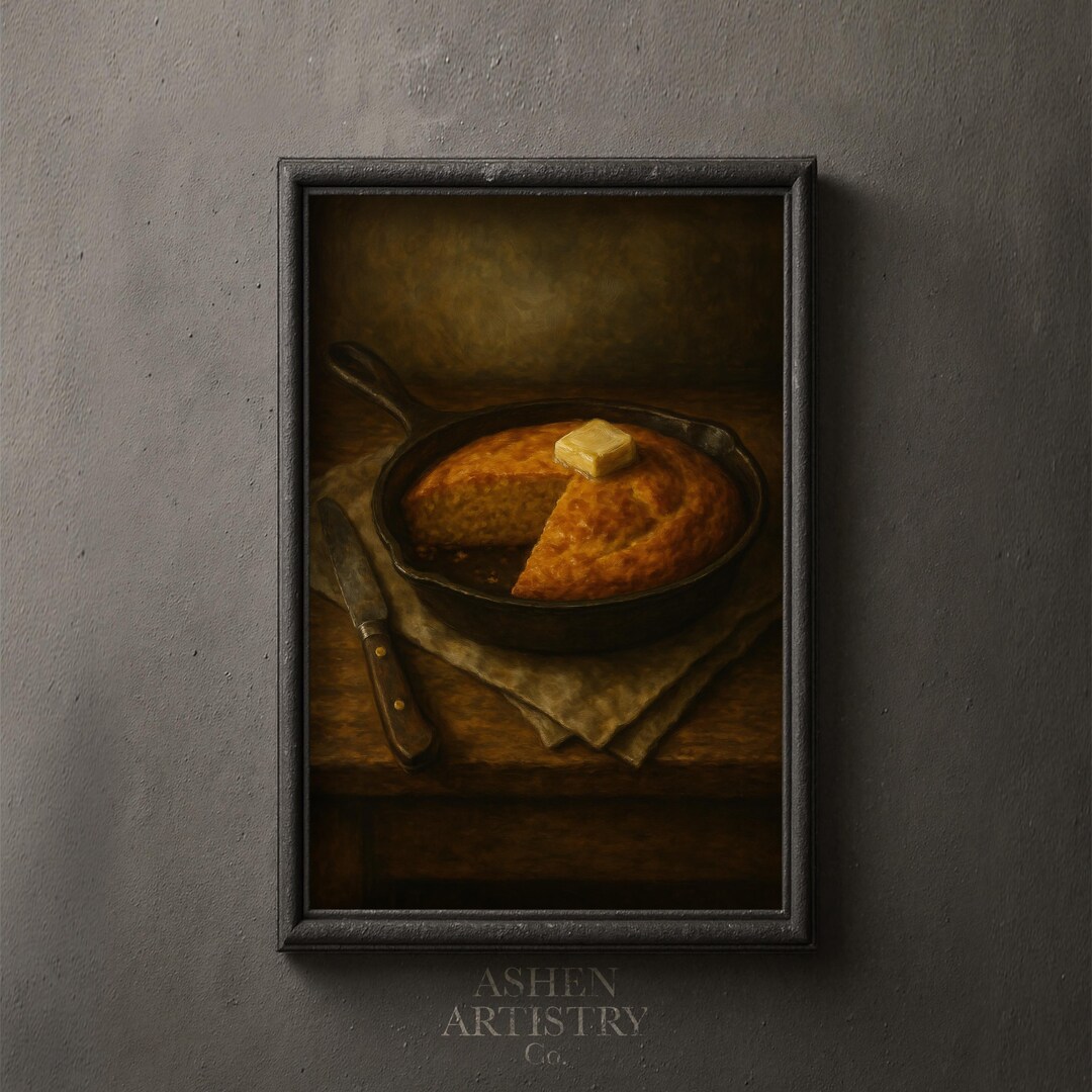 Rustic Cornbread Still Life – Cast Iron Skillet Kitchen Wall Art, Cozy ...