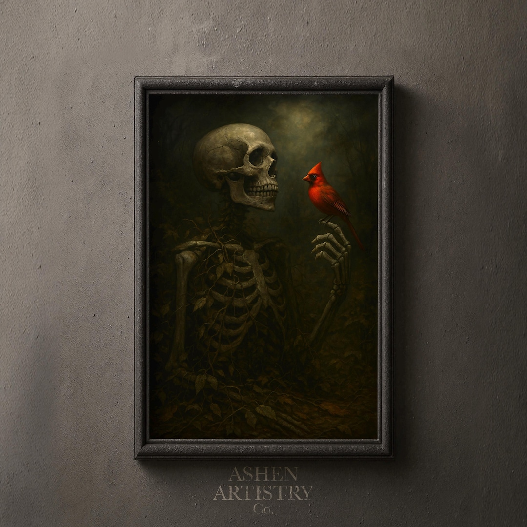 Skeleton and Cardinal Wall Art | Dark Gothic Nature Print | Spiritual ...