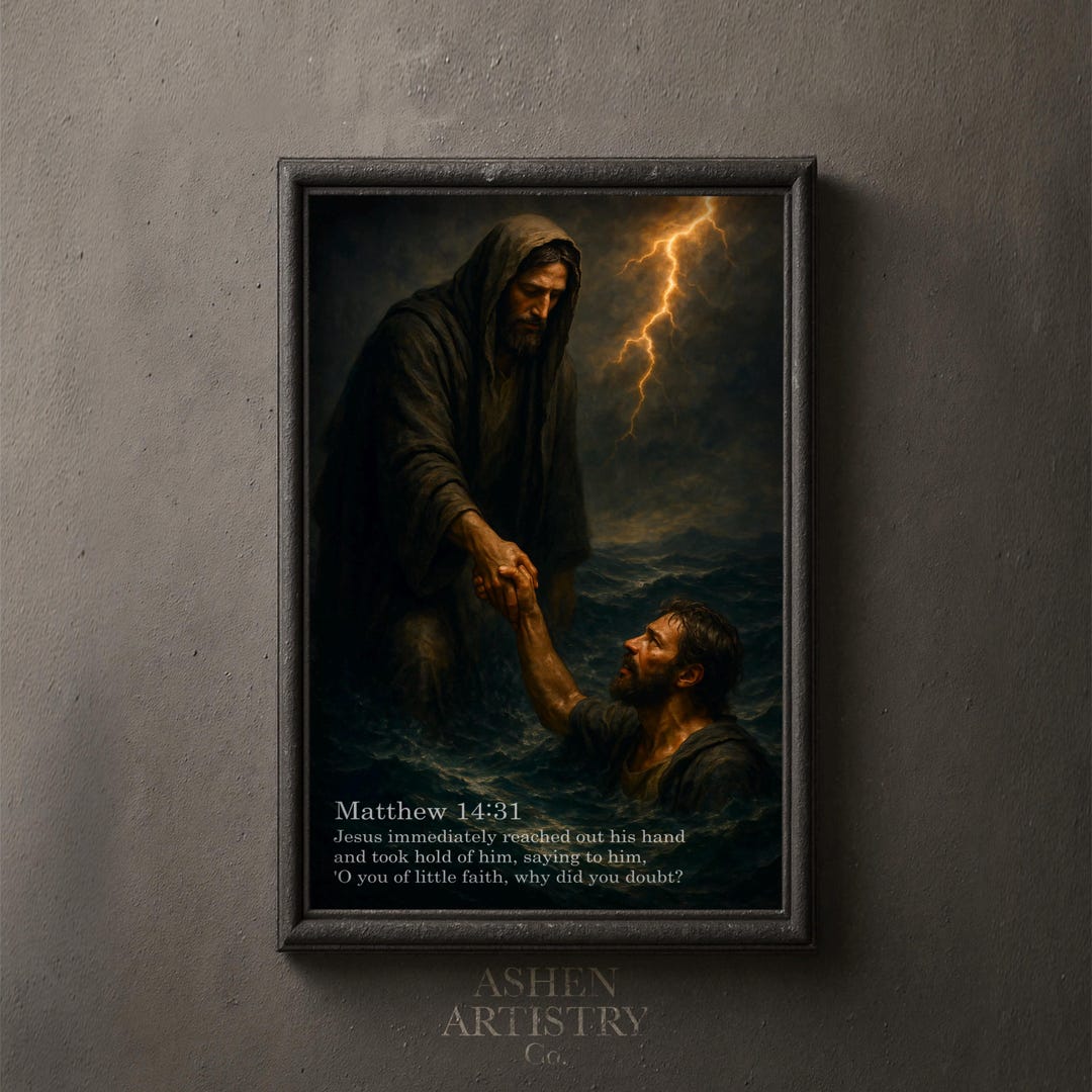 Jesus Rescuing Peter Printable – Stormy Christian Wall Art, Moody Bible ...