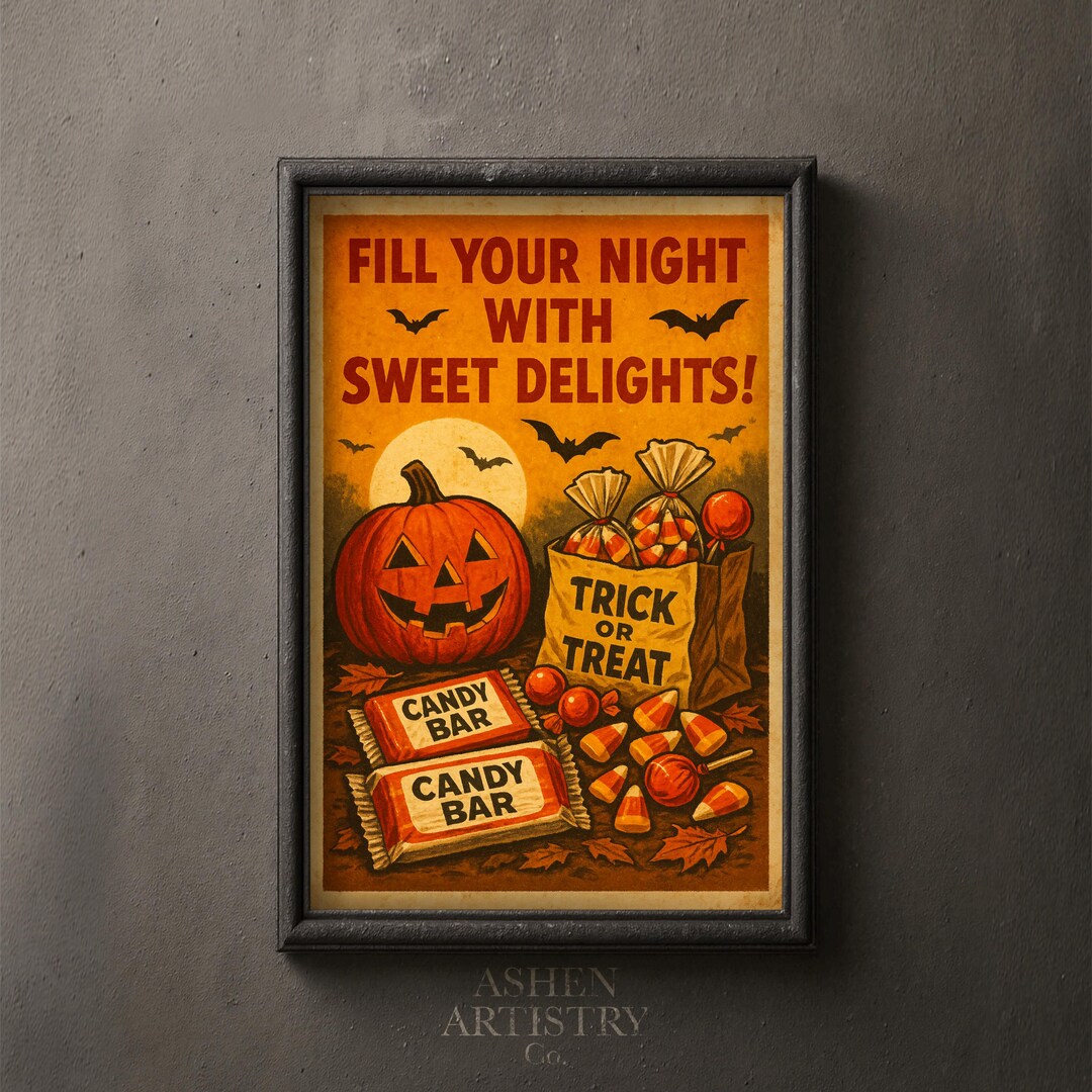 Retro Halloween Candy Poster – Vintage Trick-or-treat Wall Art, Jack-o ...