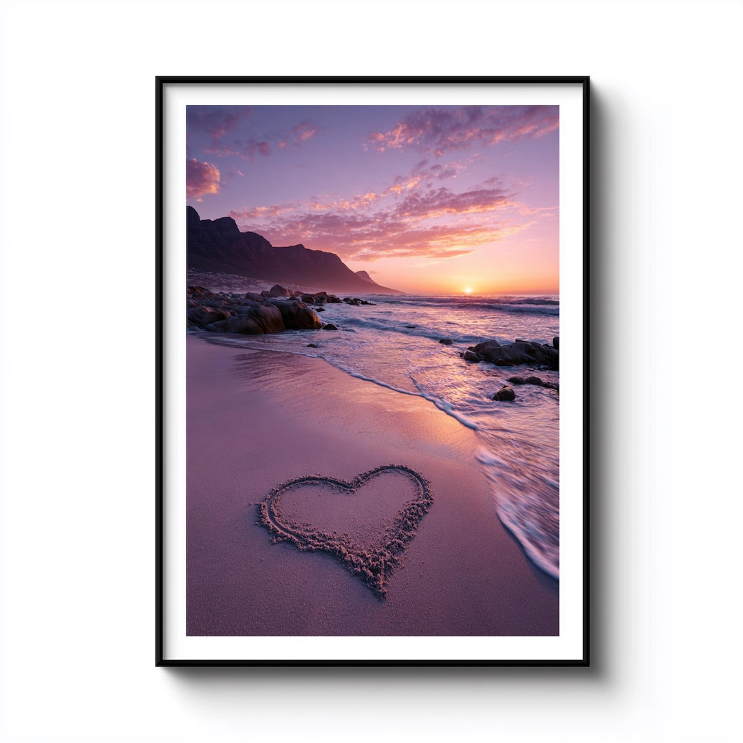 Romantic Heart in Sand at Sunset – Ocean Beach Wall Art, Coastal Print ...