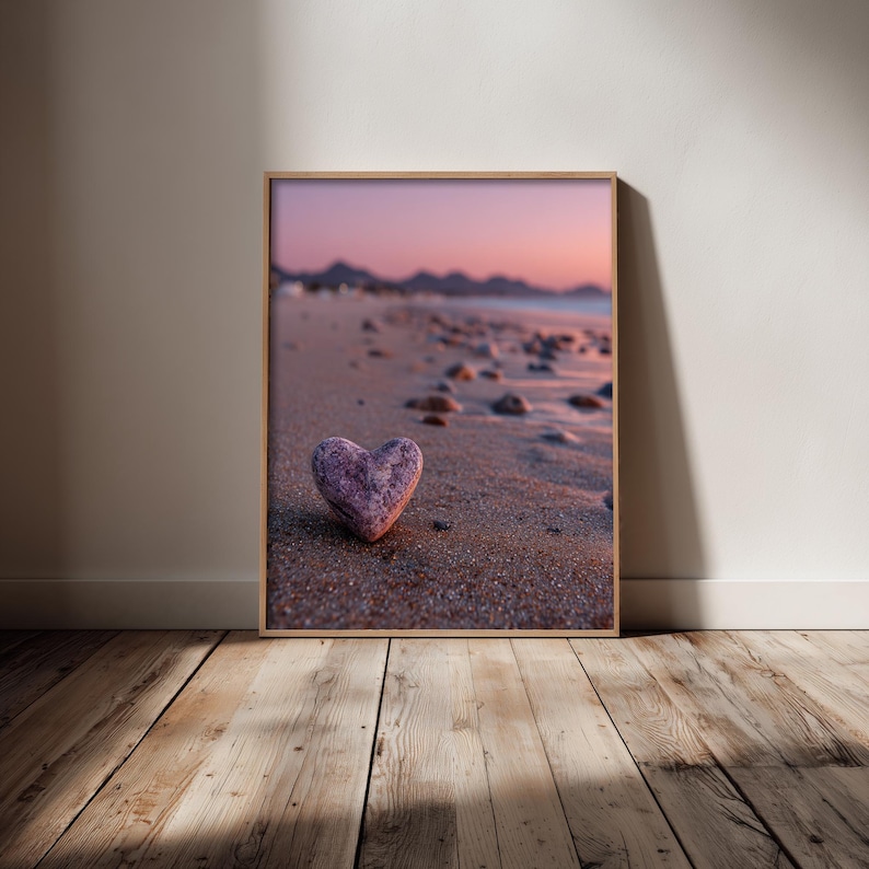 Romantic Heart in Sand at Sunset – Ocean Beach Wall Art, Coastal Print ...