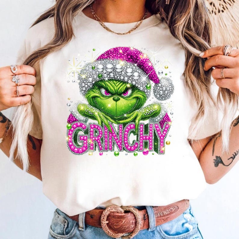 Pink Grinchy Christmas Shirt, Funny Holiday Shirt for Women, Sparkly ...