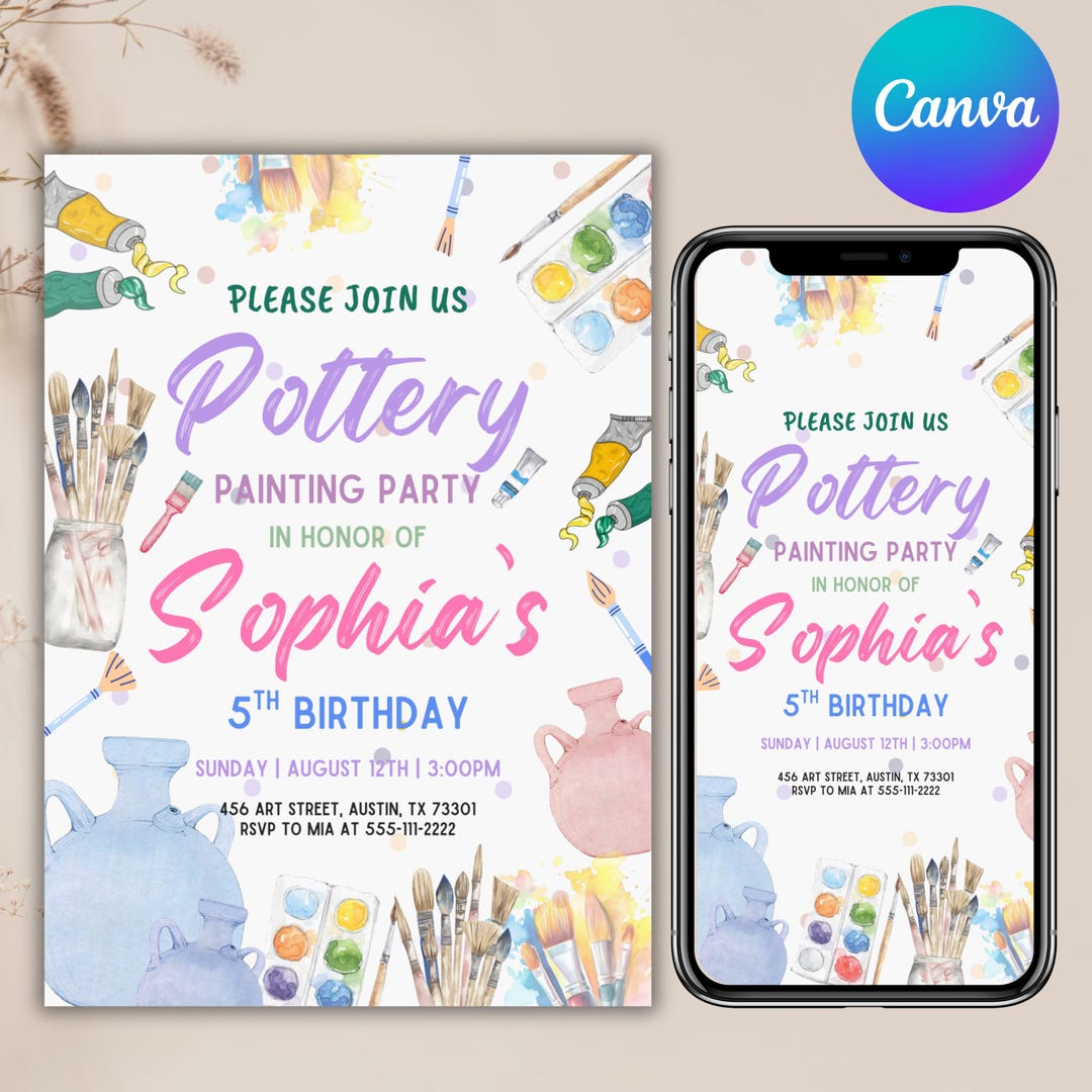 Editable Pottery Art Birthday Party Invitation, Artist Birthday ...