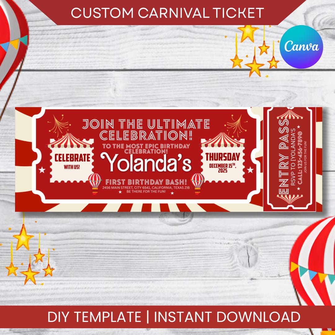 Carnival Ticket Birthday Invitation, Red Carnival Ticket Invitation ...