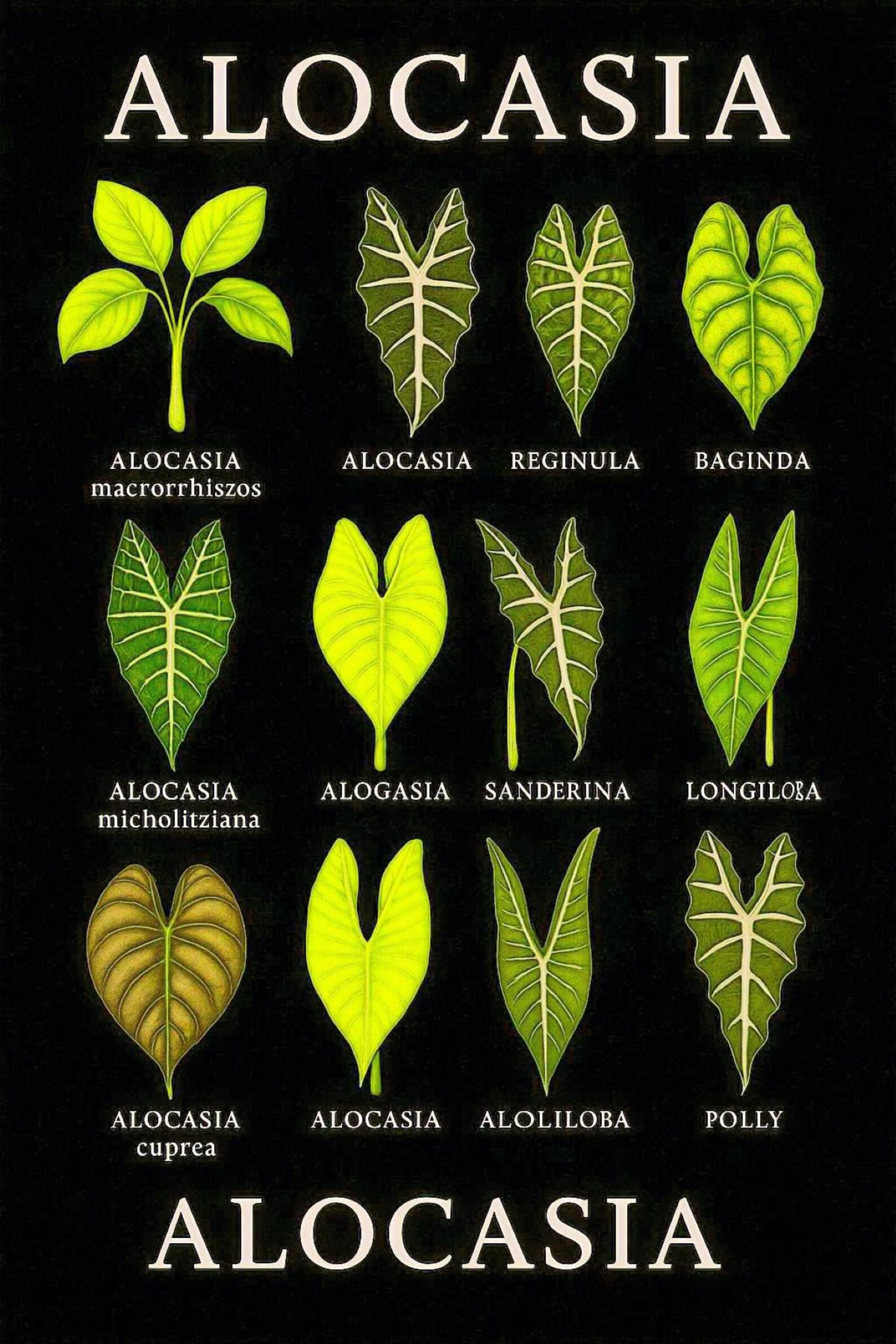 Alocasia Leaf Chart Rare Varieties Botanical Wall Art Vintage Aroid ...