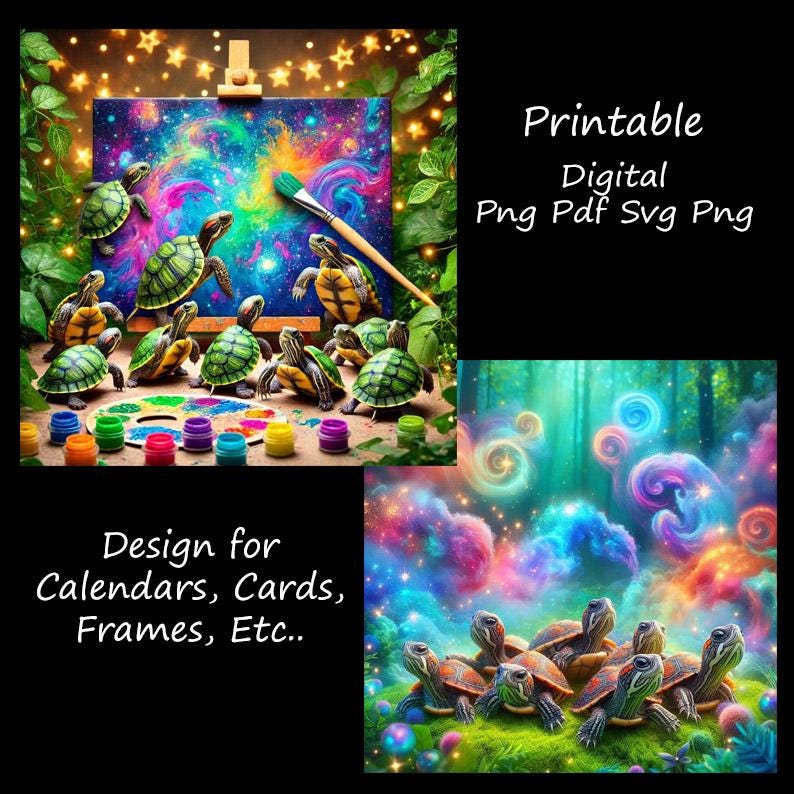 Fantasy Art / Cute Turtles Painting Digital Printable Art / Pdf Png Svg ...