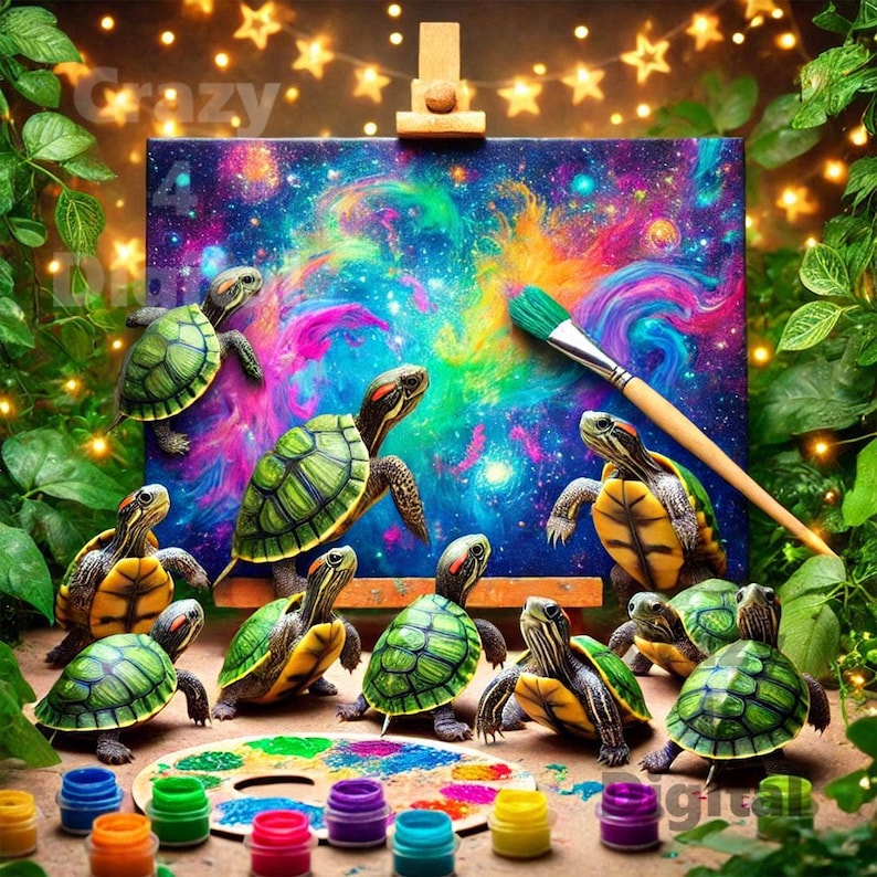 Fantasy Art / Cute Turtles Painting Digital Printable Art / Pdf Png Svg ...
