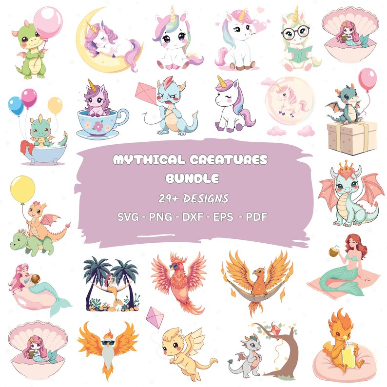 Cute Mythical Creatures Clipart PNG- Fantasy Unicorn, Dragons, Mermaid ...