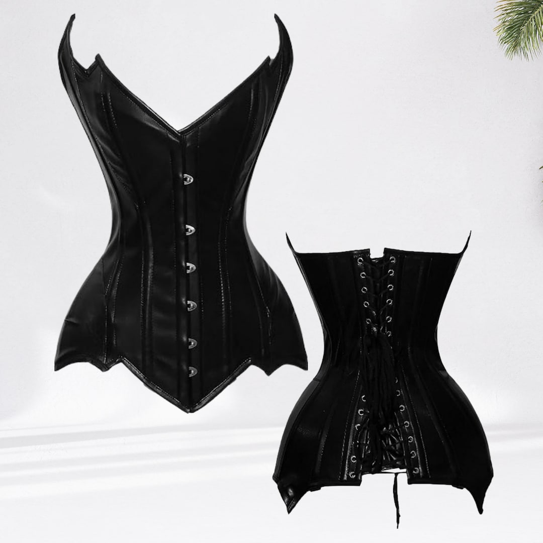 Black Gothic Leather Overbust Corset - Batwing Neckline | Halloween ...