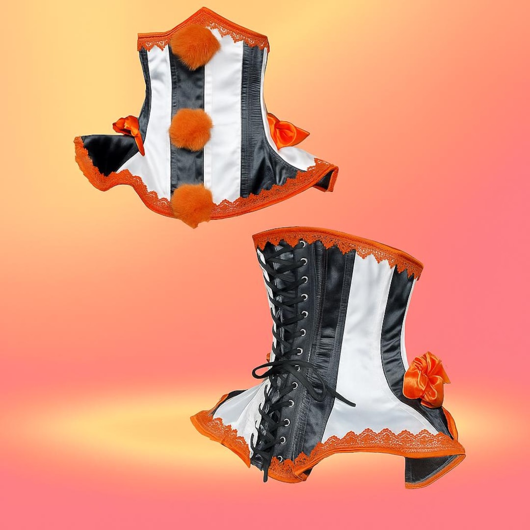 Halloween Clown Corset: Orange Lace, Pom Poms, Burlesque Costume - Etsy
