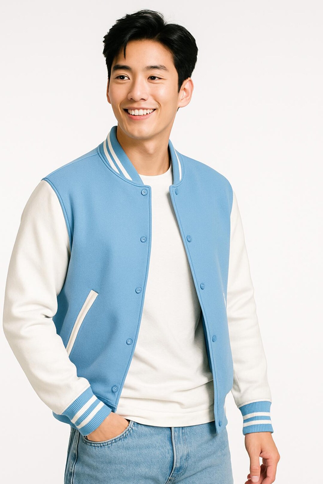 Light Blue Varsity Jacket, Off-white Sleeves, College Letterman Bomber ...