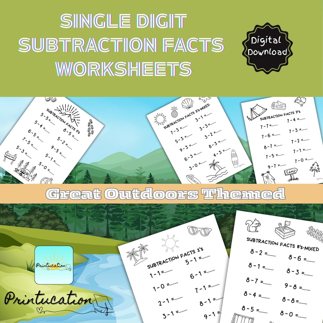 Great Outdoors Single Digit Subtraction Math Worksheet | Subtraction ...