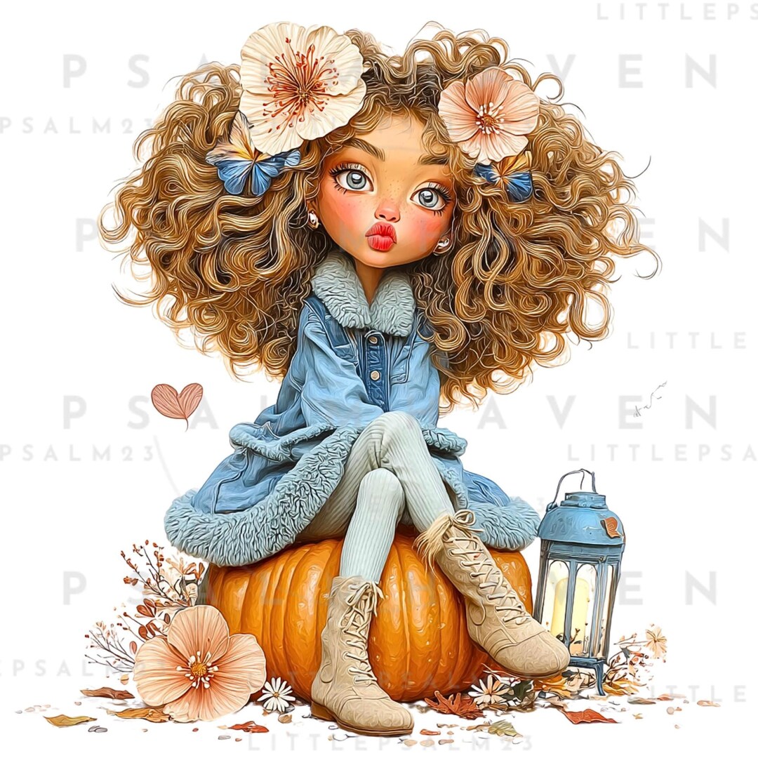Autumn Pumpkin Girl Clipart – 20 Pngs, Curly-hair Cuties, Lanterns ...