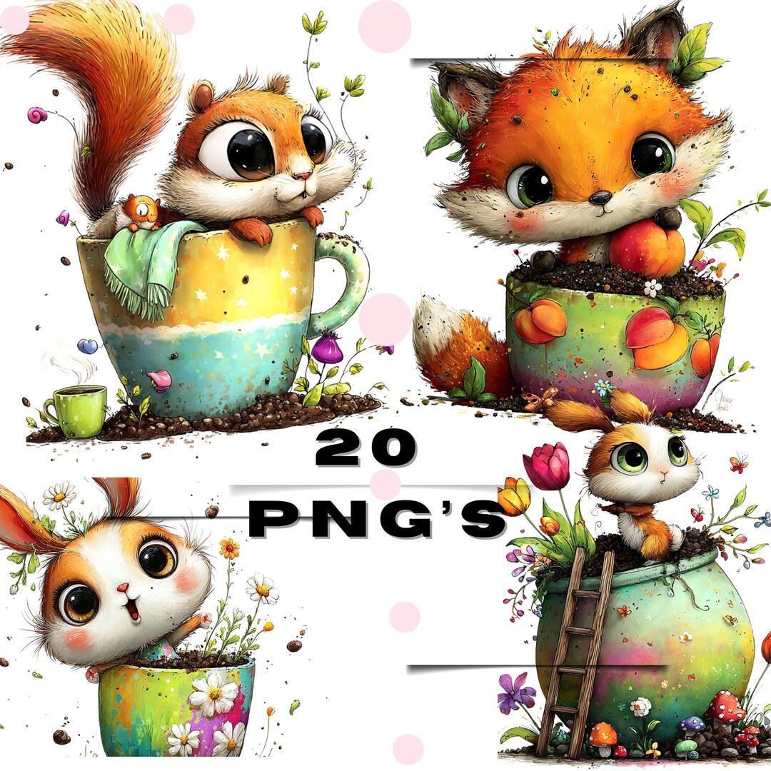 Garden Animals Clipart Mega Bundle – 20 Pngs | Floral Pots, Bunnies ...