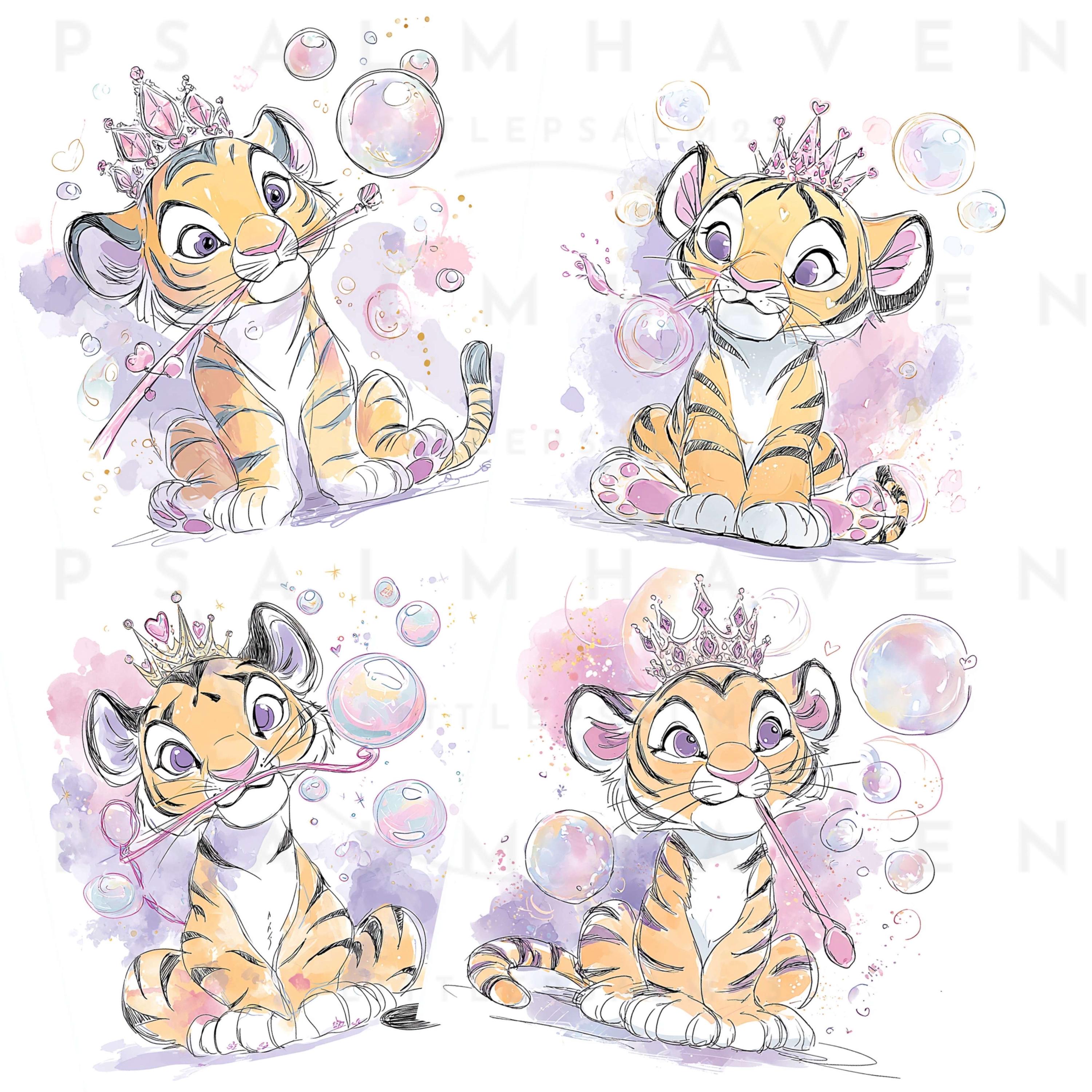 Watercolor Princess Tiger Cub Clipart: Baby Animal PNG Bundle (digital ...