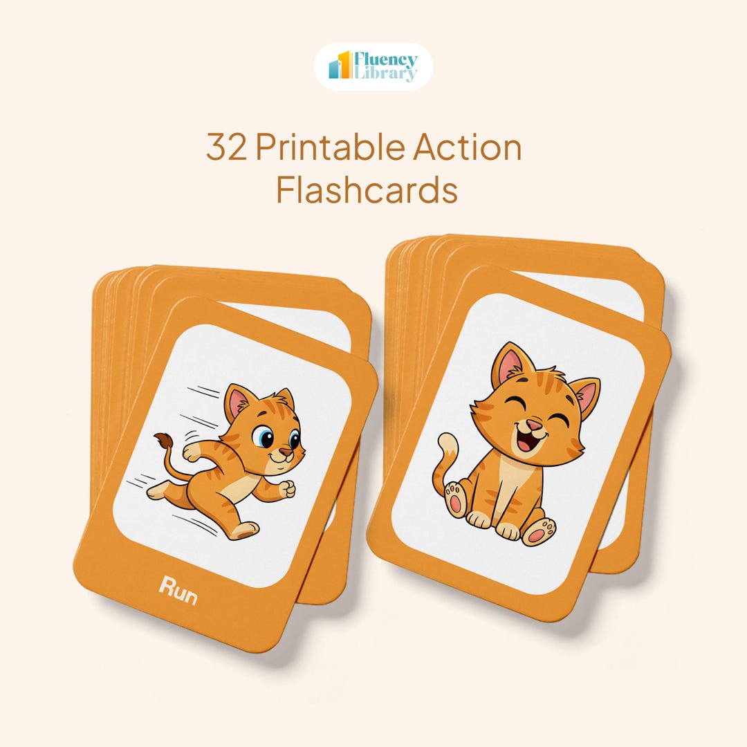 Cat Action Verb Flashcards, ESL Learning, Toddler Education (editable ...