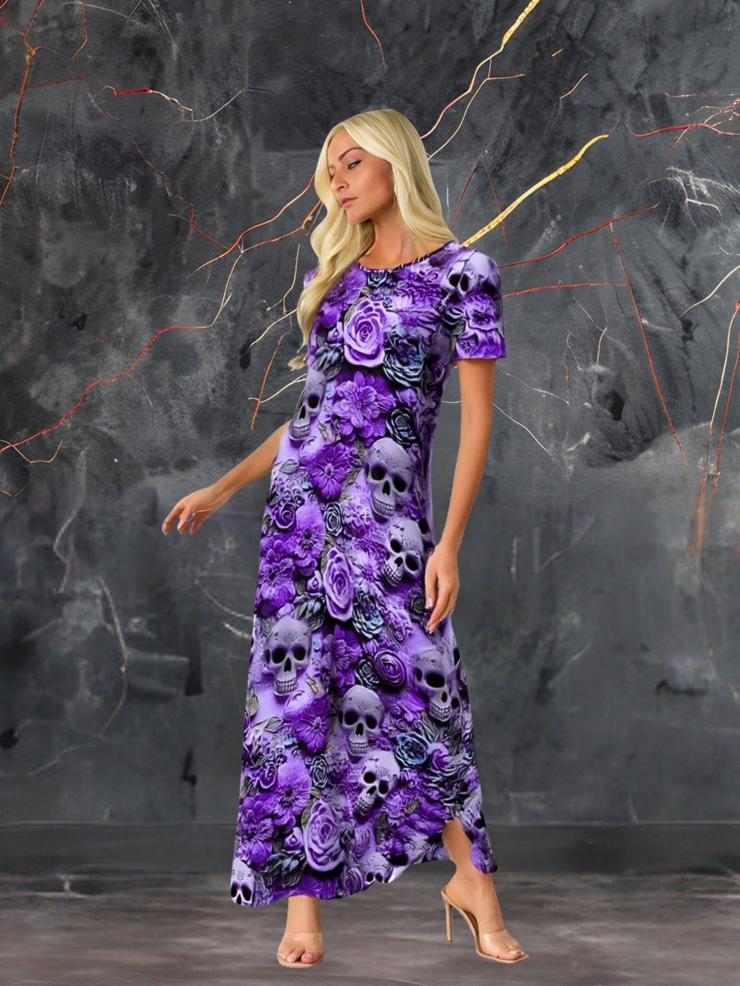 Spooky Halloween Skull and Roses Desing Dress, Round Neck Short Sleeve ...