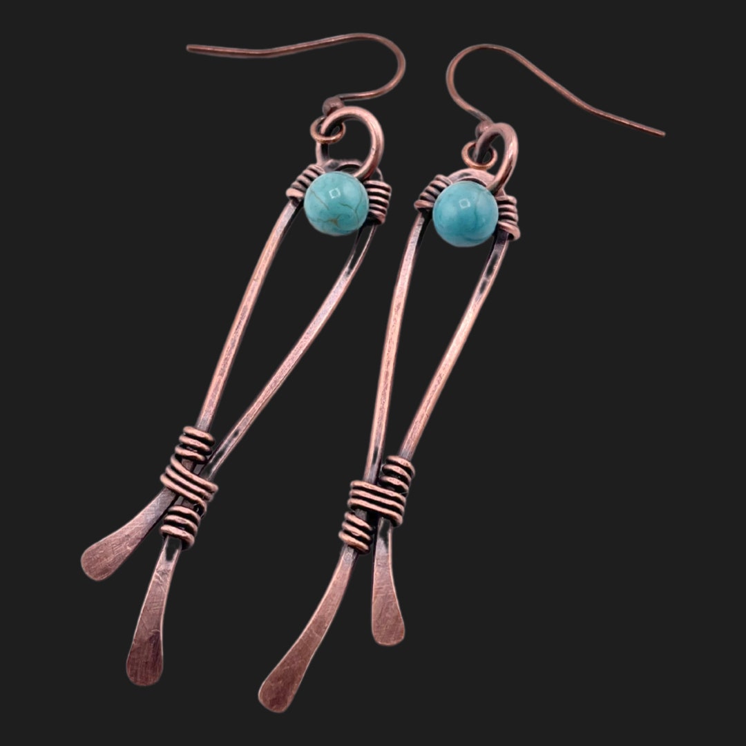 Rustic Turquoise and Copper Wire Wrap Earrings, Boho Earrings, Copper ...