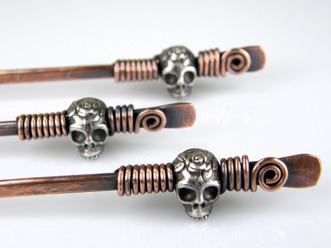 Copper & Silver Skull Hair Stick Pin, Scull, Bun Pin, Gothic Skull Pin ...