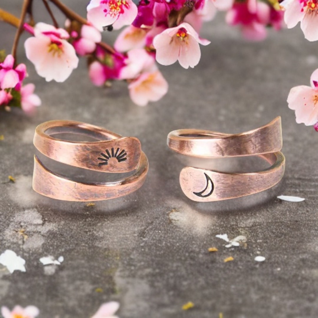 Hand Stamped Copper Sun & Moon Ring Set, Celestial Rings - Etsy