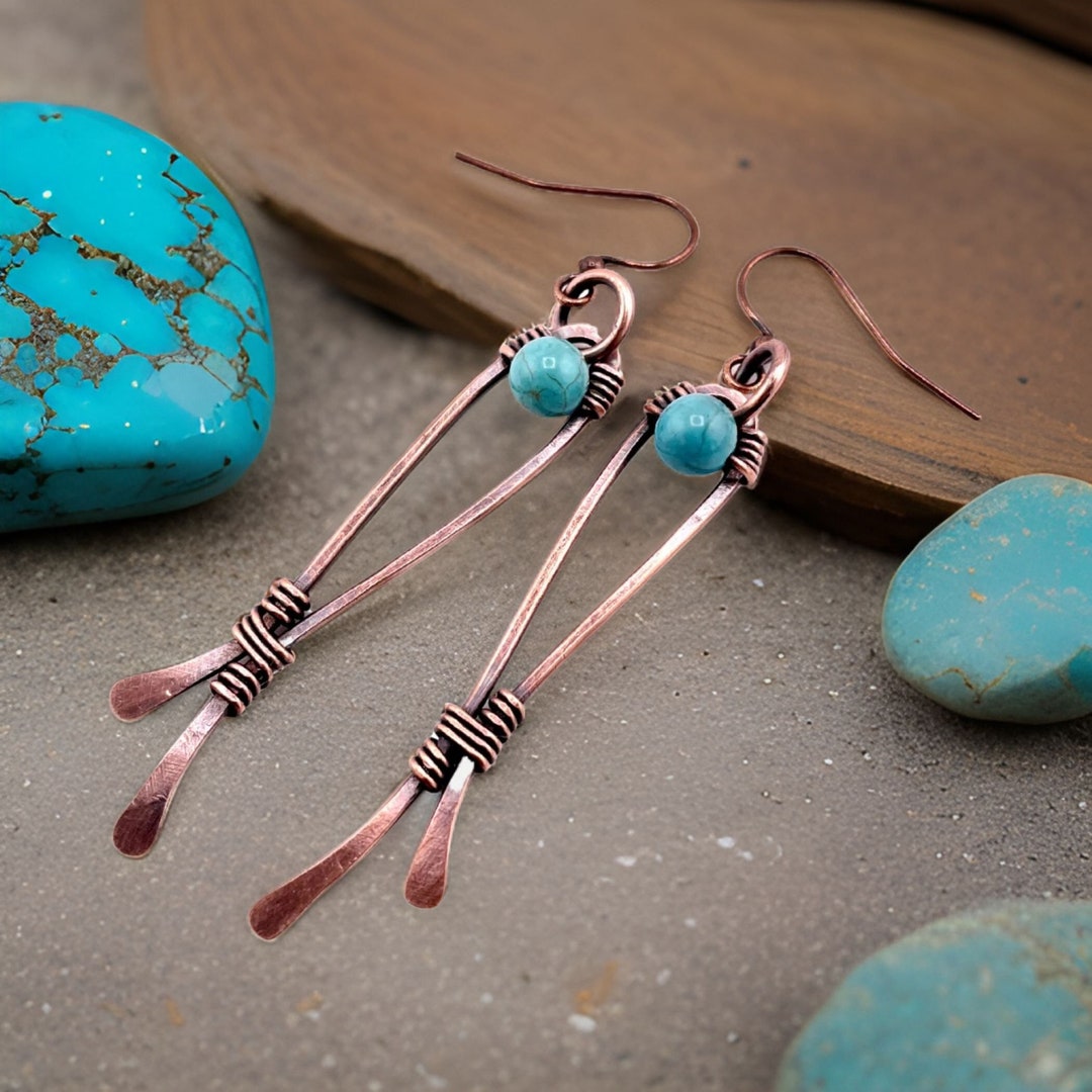 Turquoise and Copper Earrings, Wire Wrap Dangle Earrings, Copper ...