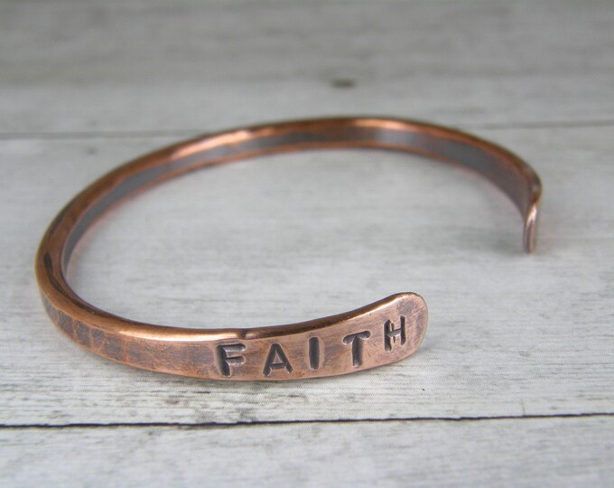 FAITH Copper Bracelet Hand Stamped Cuff Hammered Bangle in - Etsy