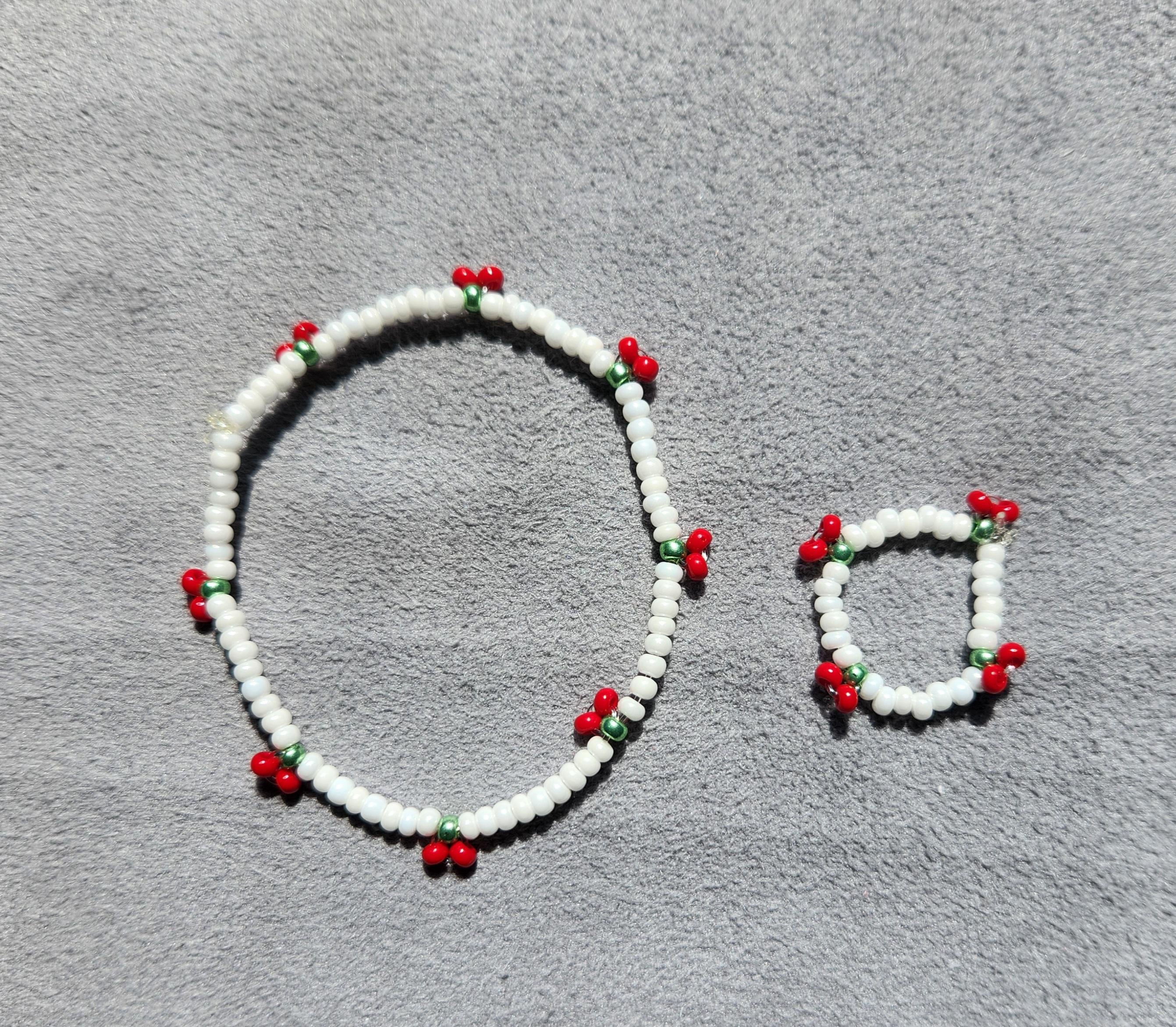 Cherry Beaded Bracelet, Cherry Ring, Seed Bead Bracelet, Stackable ...