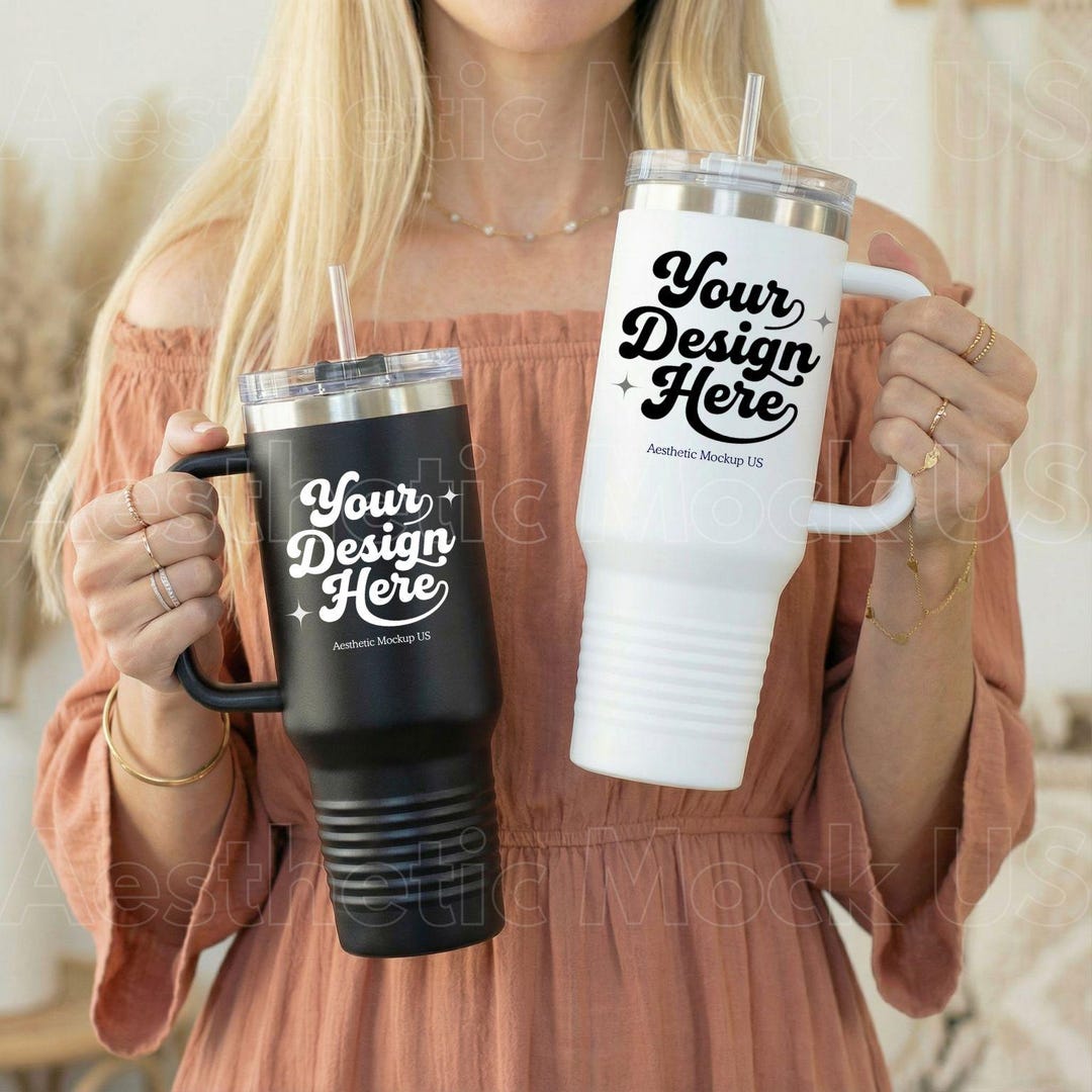 40oz Tumbler Hand Held Mockup PNG| Two Travel Mugs Product Display for ...