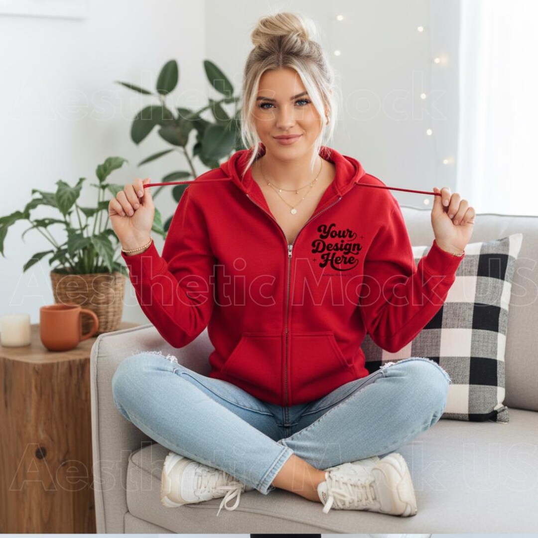 Gildan 18600 Red Hoodie Front Back Mockup |split View Female Model ...