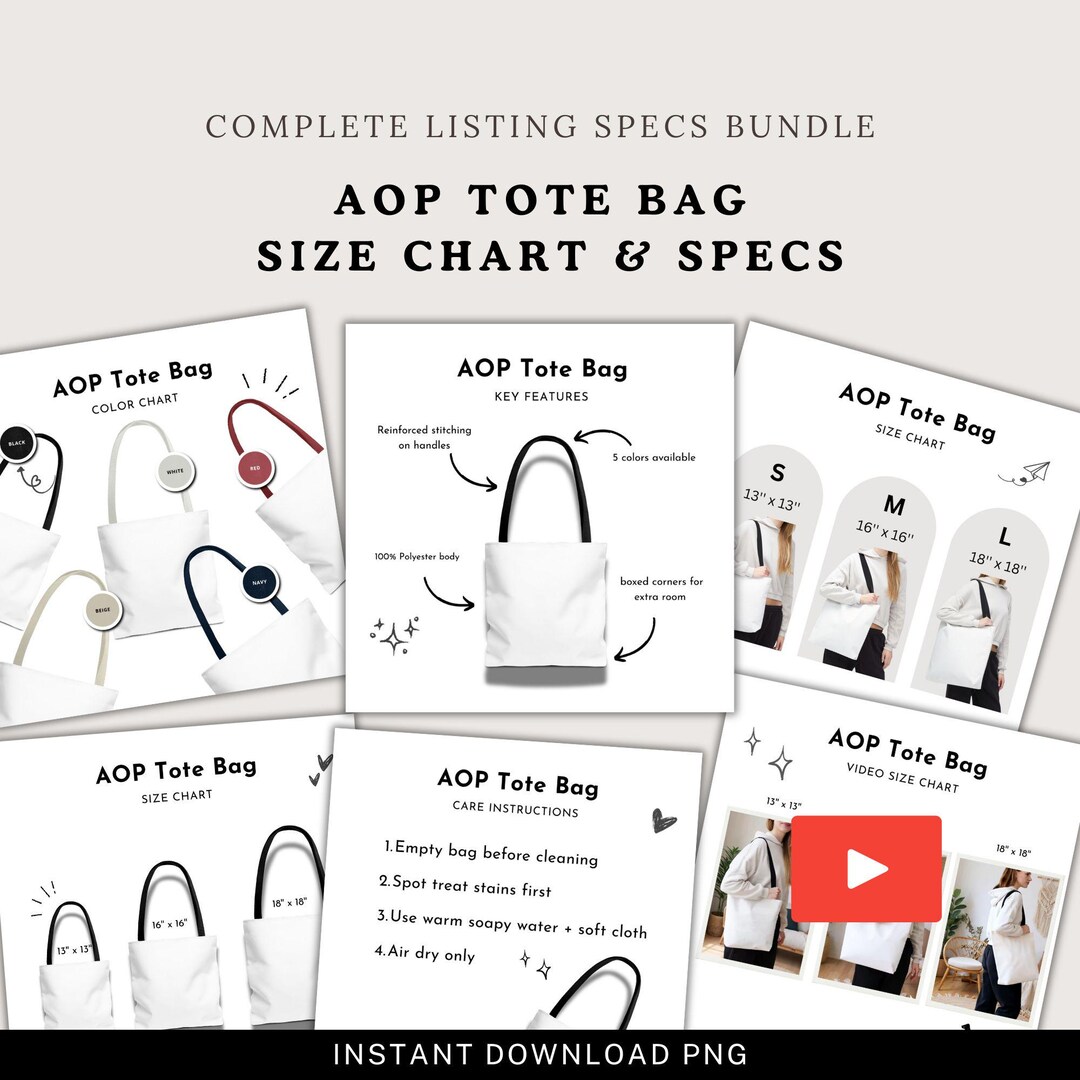 AOP Tote Bag Size Chart, Color Chart, Care Instruction, Specs Video ...