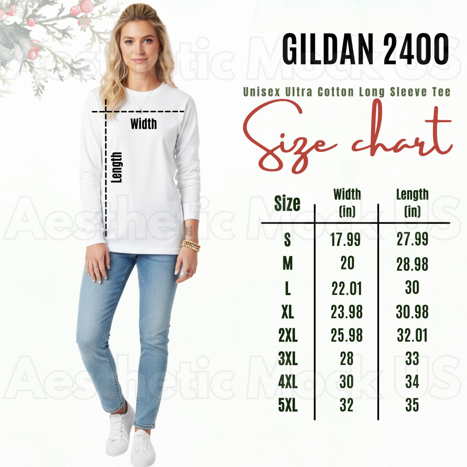 Gildan 2400 Long Sleeve Shirt Size Chart| Size Chart Mockup | Long ...