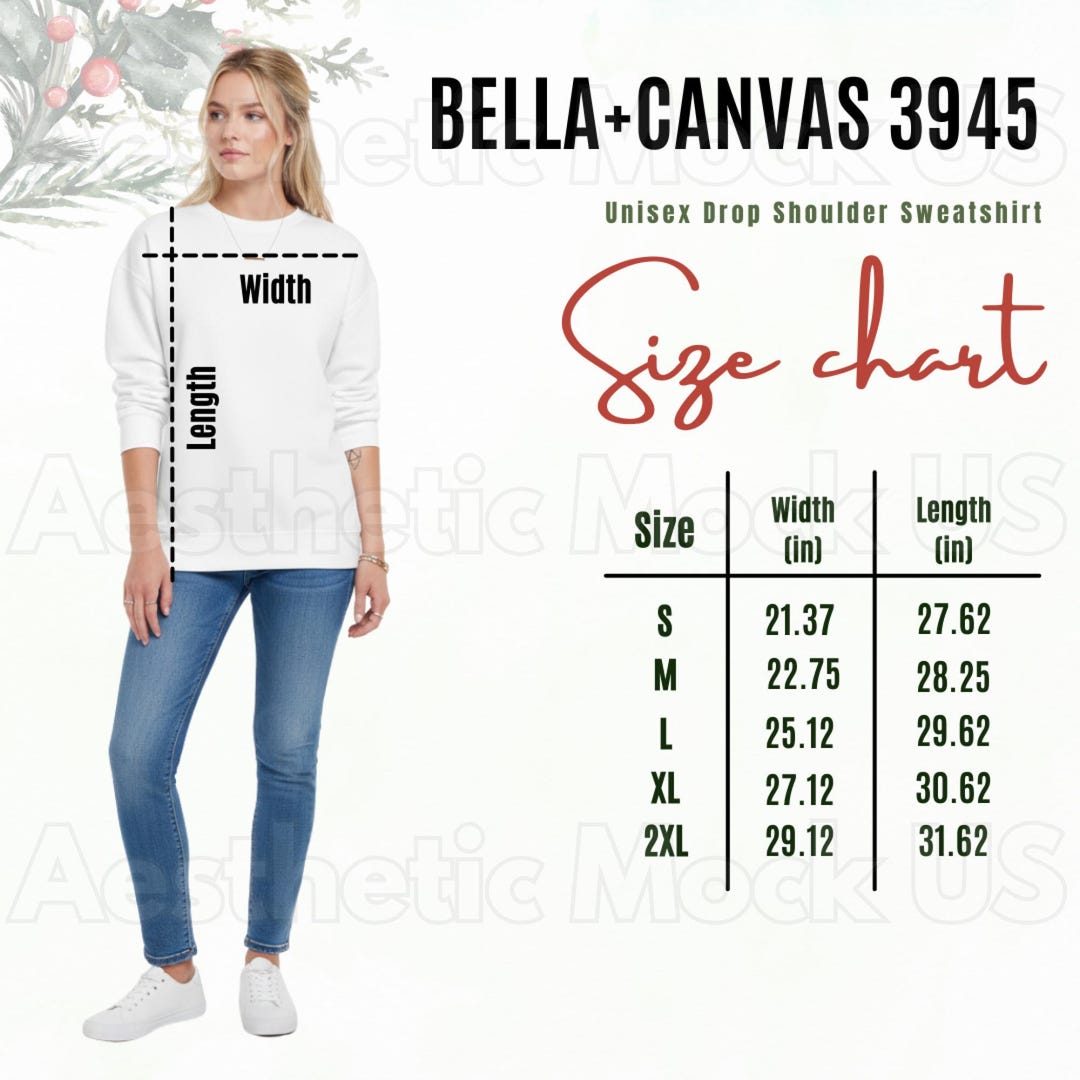 Bella Canvas 3945 Size Chart | Unisex Sweatshirt Size Chart Mockup ...
