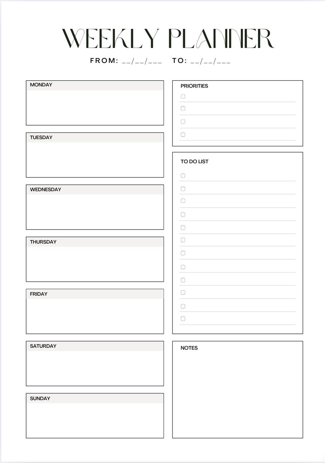 Weekly Calendar Digital, Weekly Template Printable Fillable PDF, To-do ...