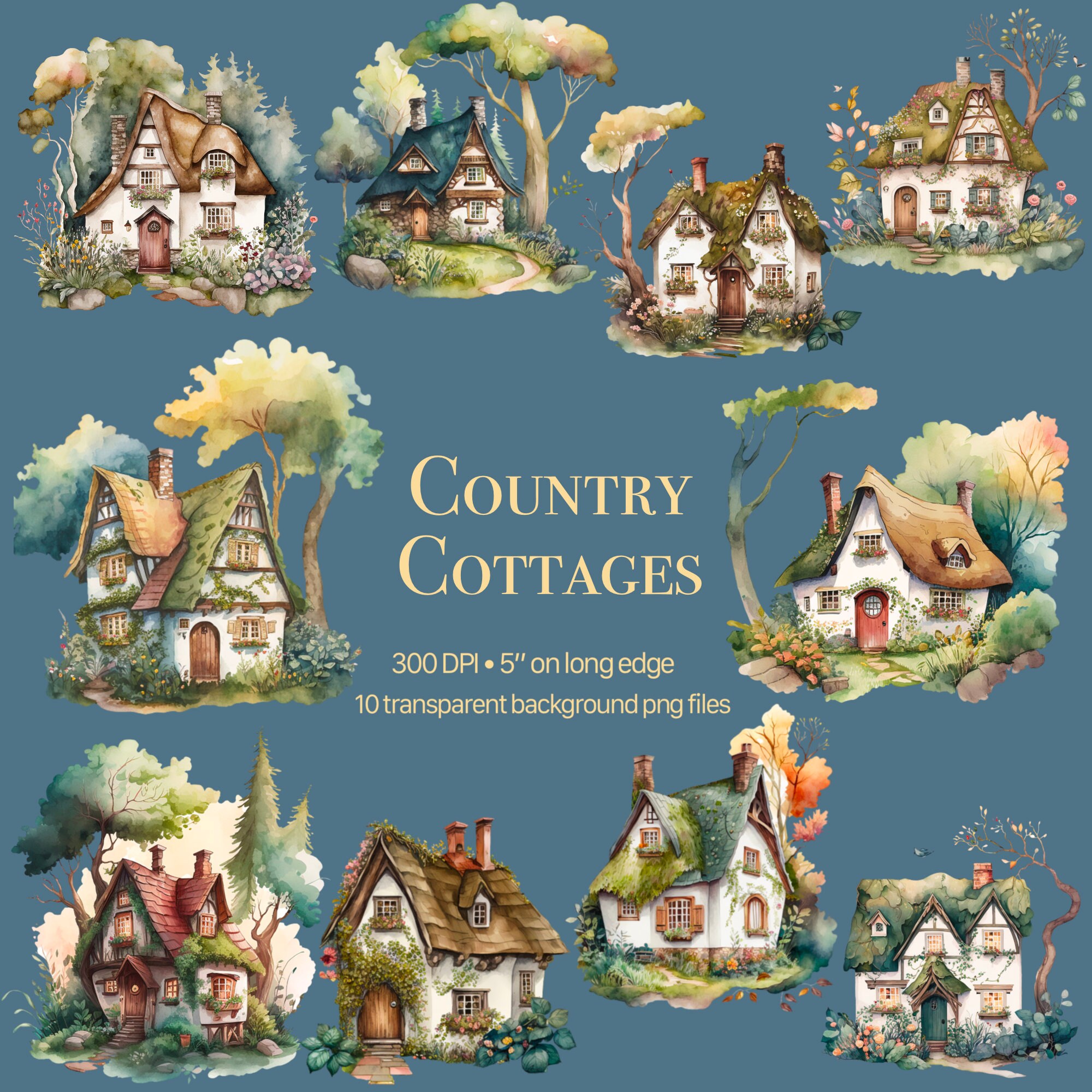 10 Country Cottage Clipart Files, Transparent Backgrounds, Watercolor ...