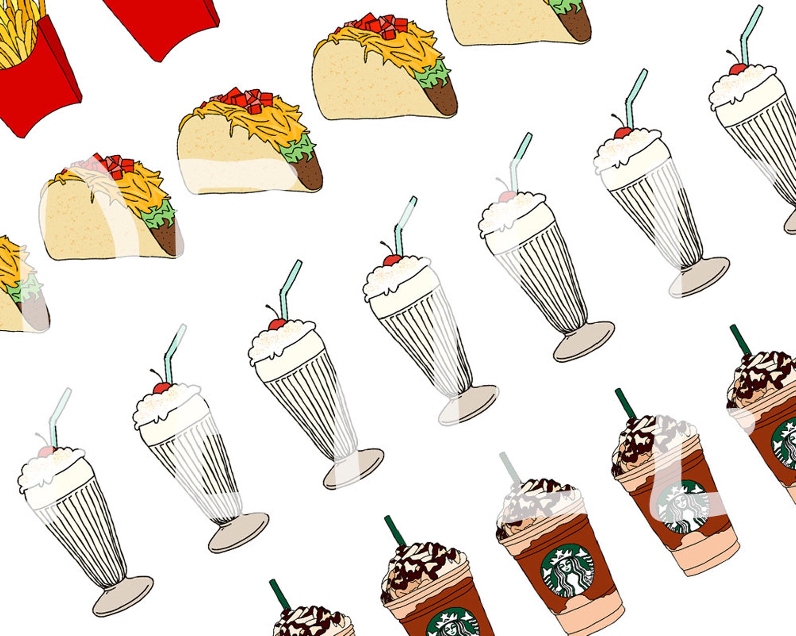 Hand Drawn Printable Fast Food Sticker Sheet. Coffee, Milkshake, Burger ...