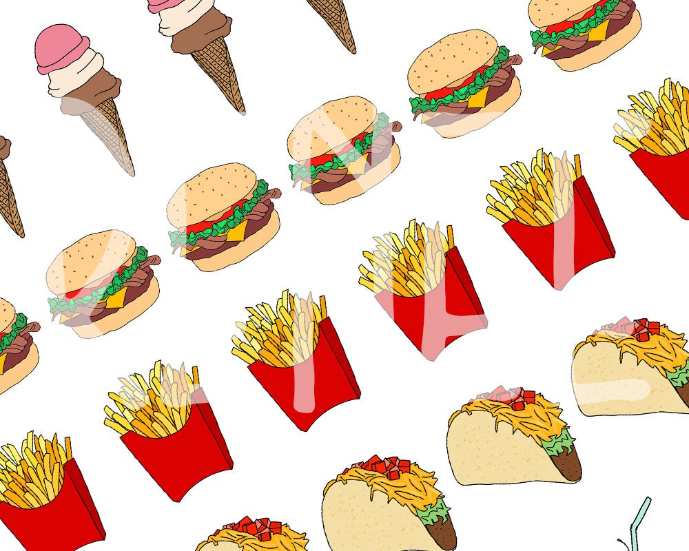 Hand Drawn Printable Fast Food Sticker Sheet. Coffee, Milkshake, Burger ...