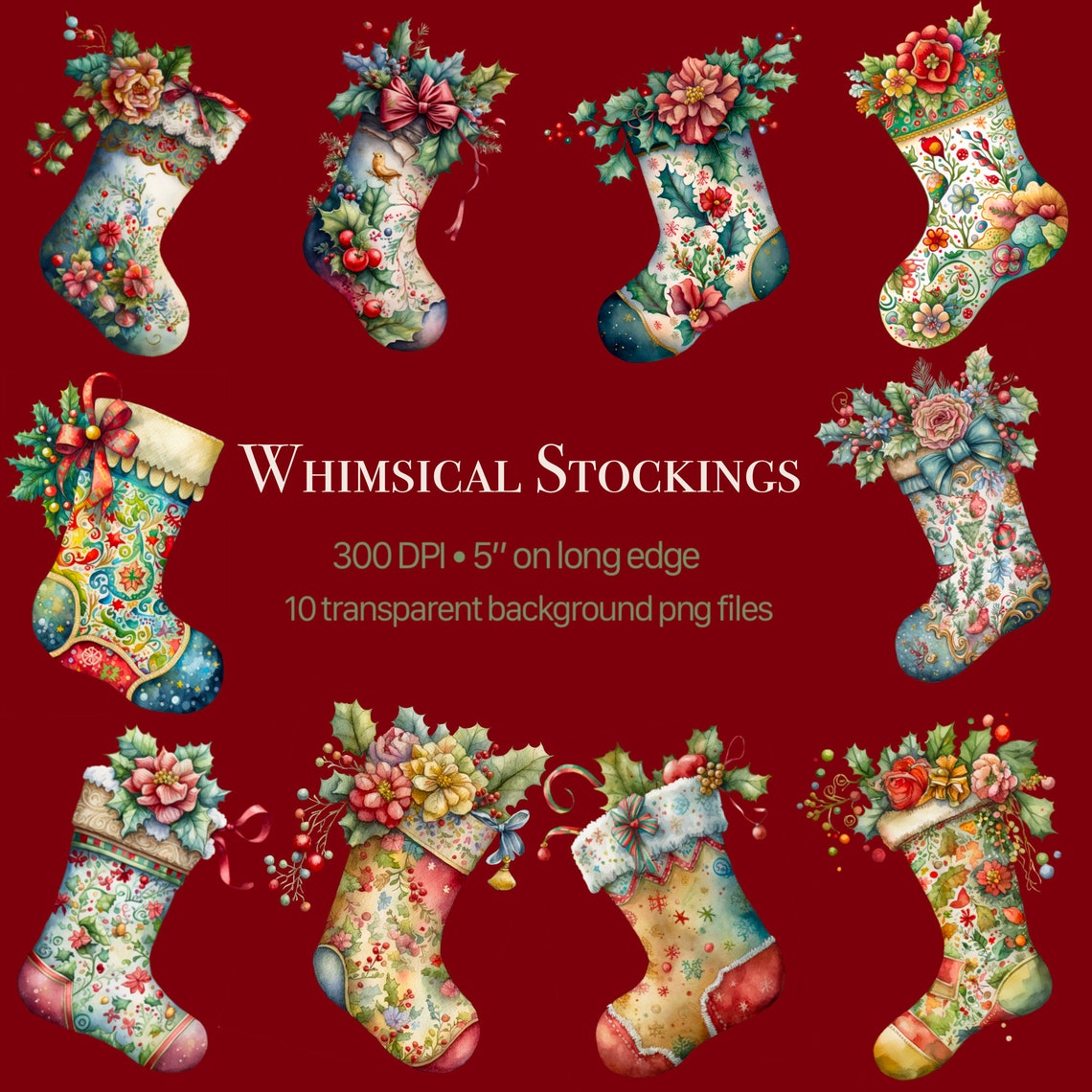 Christmas Stockings, Whimsical Watercolor Clipart for Greeting Cards ...
