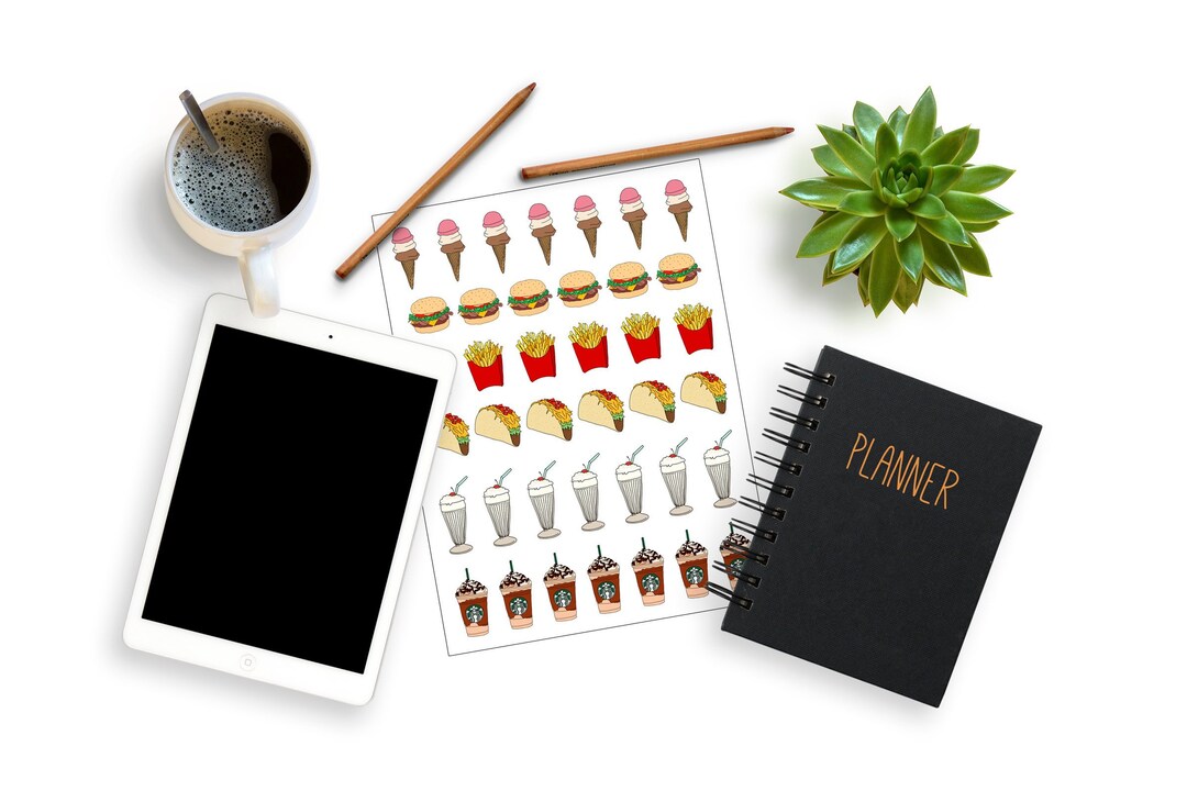 Hand Drawn Printable Fast Food Sticker Sheet. Coffee, Milkshake, Burger ...