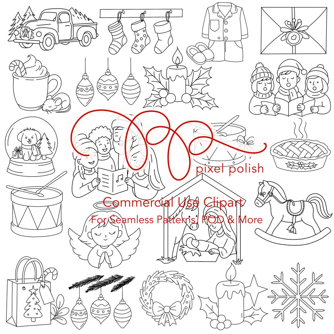 Vintage Christmas Line Art With Commercial License for DIY Color for ...