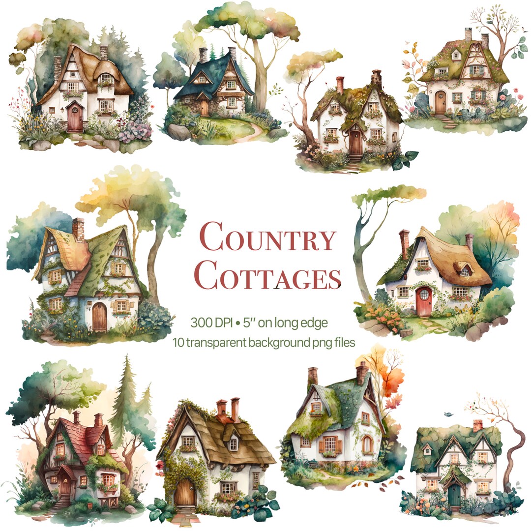 10 Country Cottage Clipart Files, Transparent Backgrounds, Watercolor ...