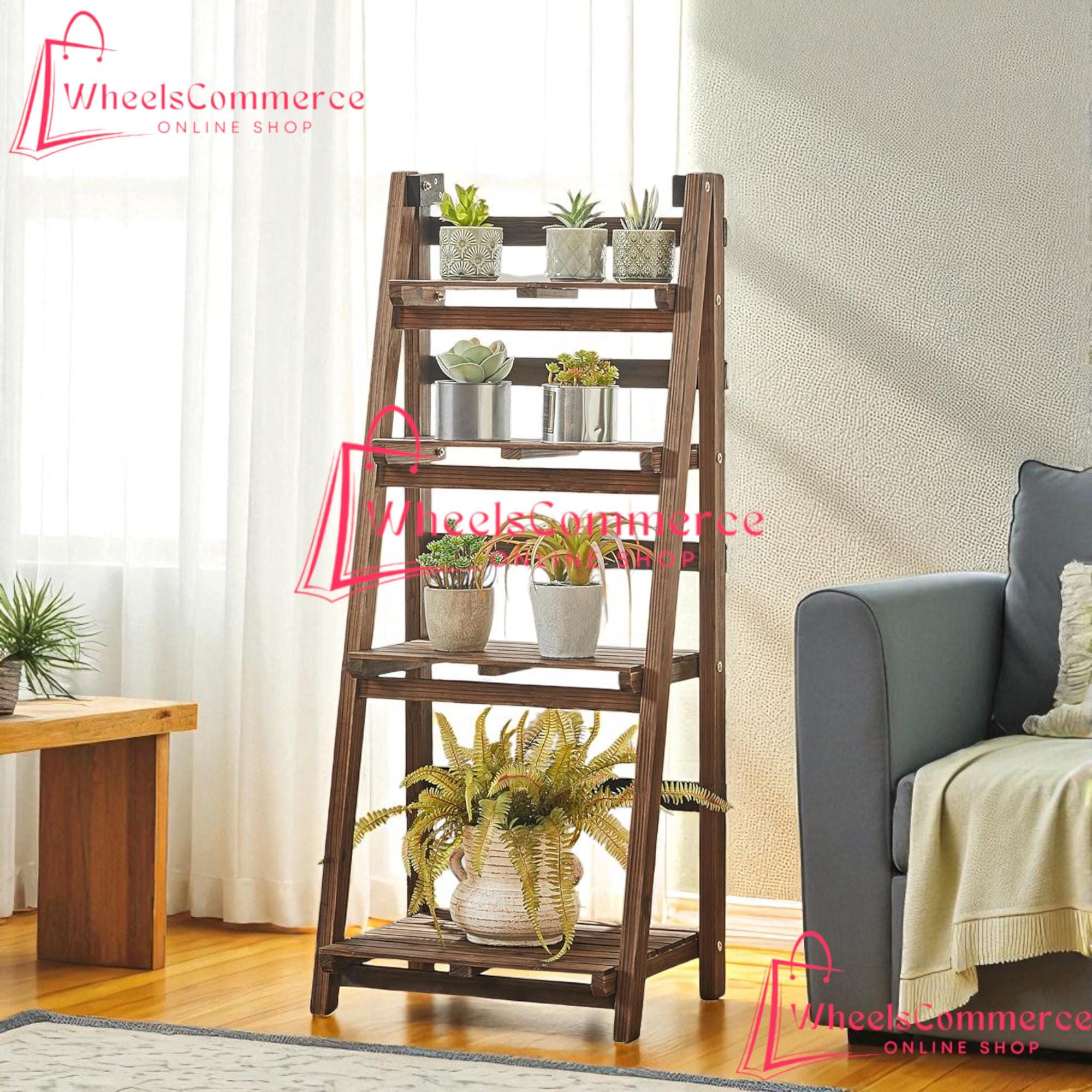 4-tier Wooden Foldable Ladder Shelf Magazine Holder Plant Stand With ...
